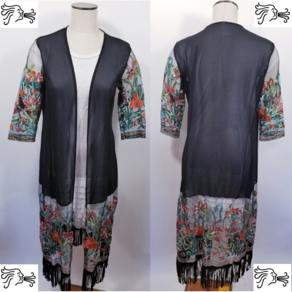 Jackets & Coats | Black Duster Embroidered Jacket Kimono Cardigan M ...